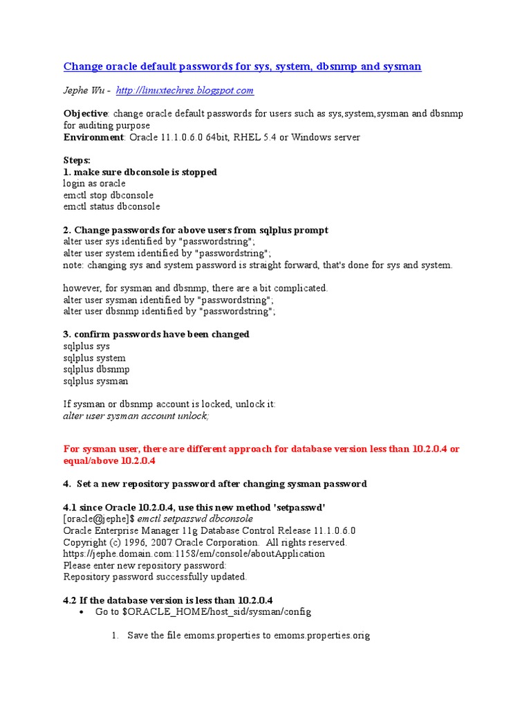 Change Oracle Default Passwords For Sys, System, DBSNMP and Sysman | Download Free PDF ...