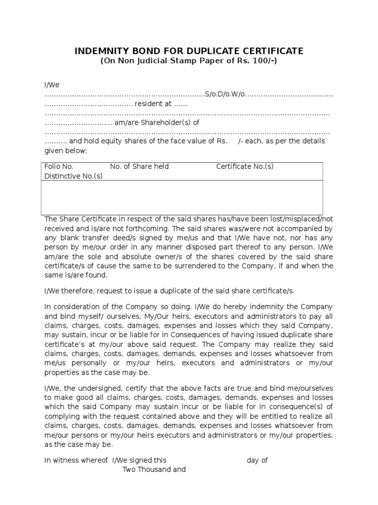 Indemnity Bond For Duplicate Certificate | PDF | Damages | Government Information
