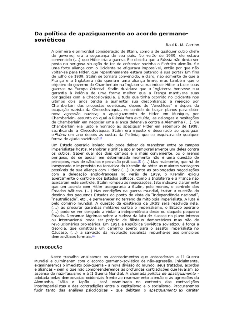 Da Política de Apaziguamento Ao Acordo Germano-Soviéticoa Raul K. M ...