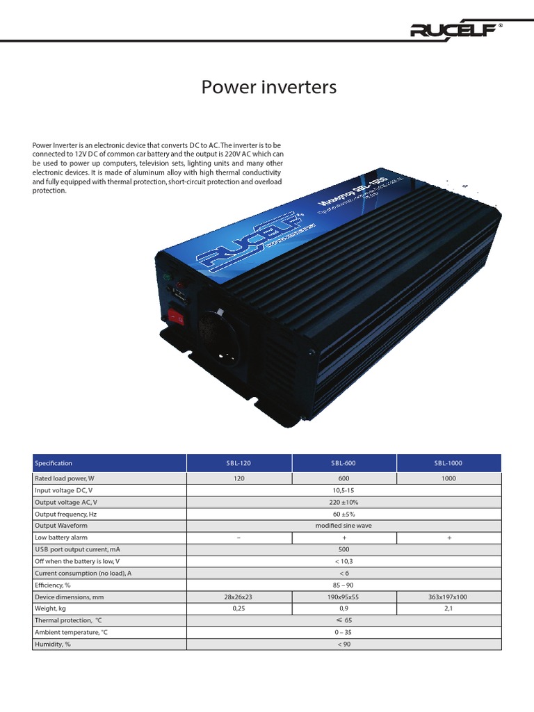 Power Inverters: Specification SBL-120 SBL-600 SBL-1000 | PDF