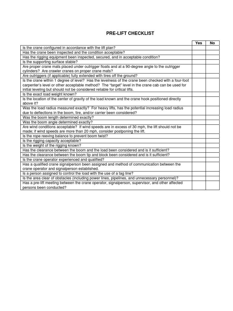 Pre Crane Lift Checklist | PDF | Crane (Machine) | Lift (Force)