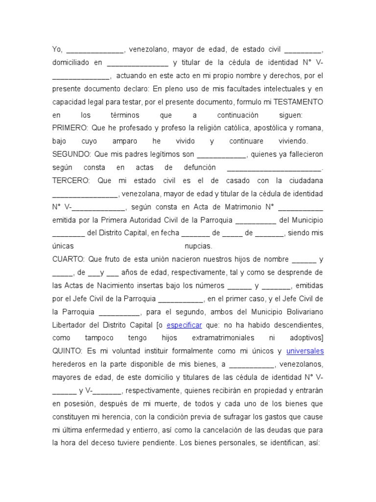 Modelos de Testamento | PDF | Voluntad y testamento | Herencia