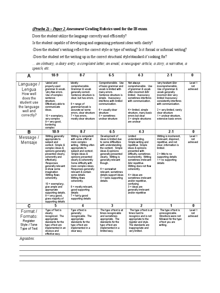 Ib Exam Paper 2 Assessment Rubric | PDF | Grammar | Rubric (Academic)