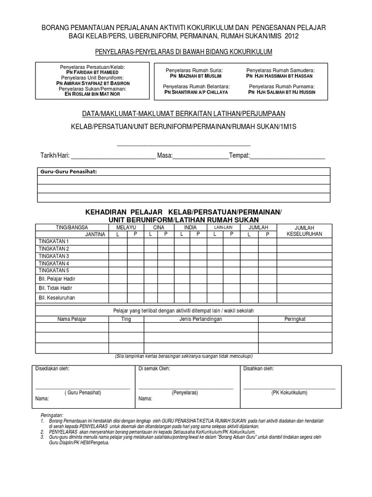 Borang Pemantauan Perjalanan Aktiviti Kokurikulum Dan Pengesanan Pelajar Bagi Kelab Dan ...