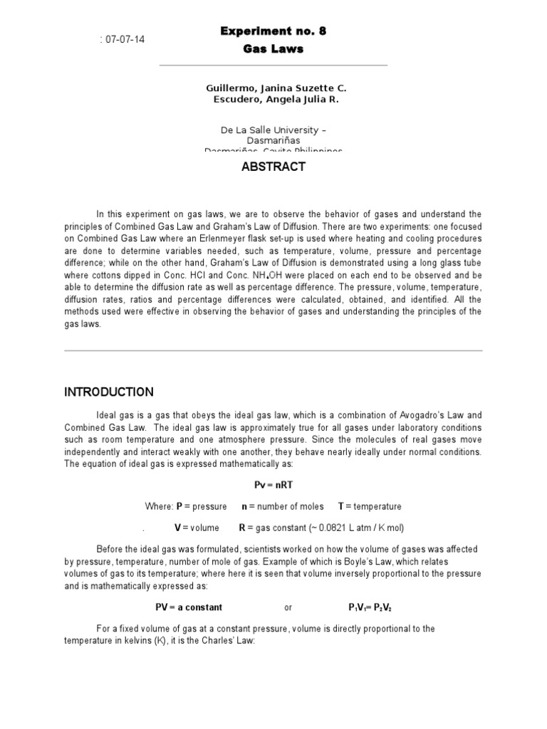 Gas Laws (Introduction and Abstract) | PDF | Gases | Mechanical Engineering