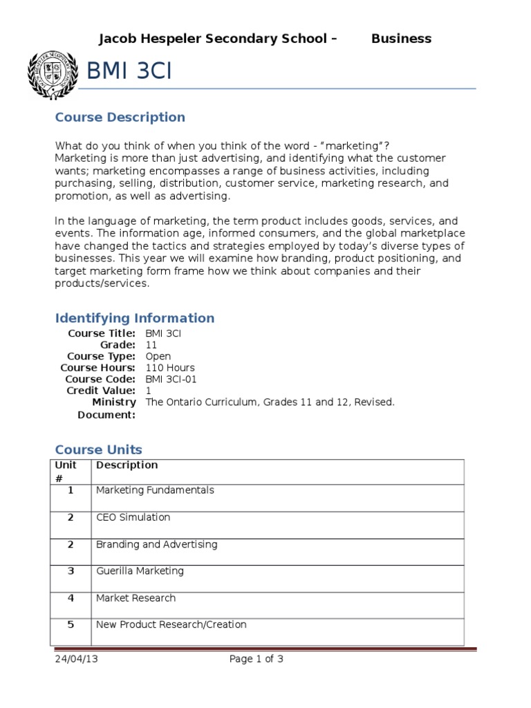 Bmi 3ci Course Outline 2 0 | PDF | Marketing | Advertising