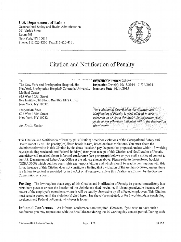OSHA Citation On New York-Presbyterian | PDF | Occupational Safety And ...