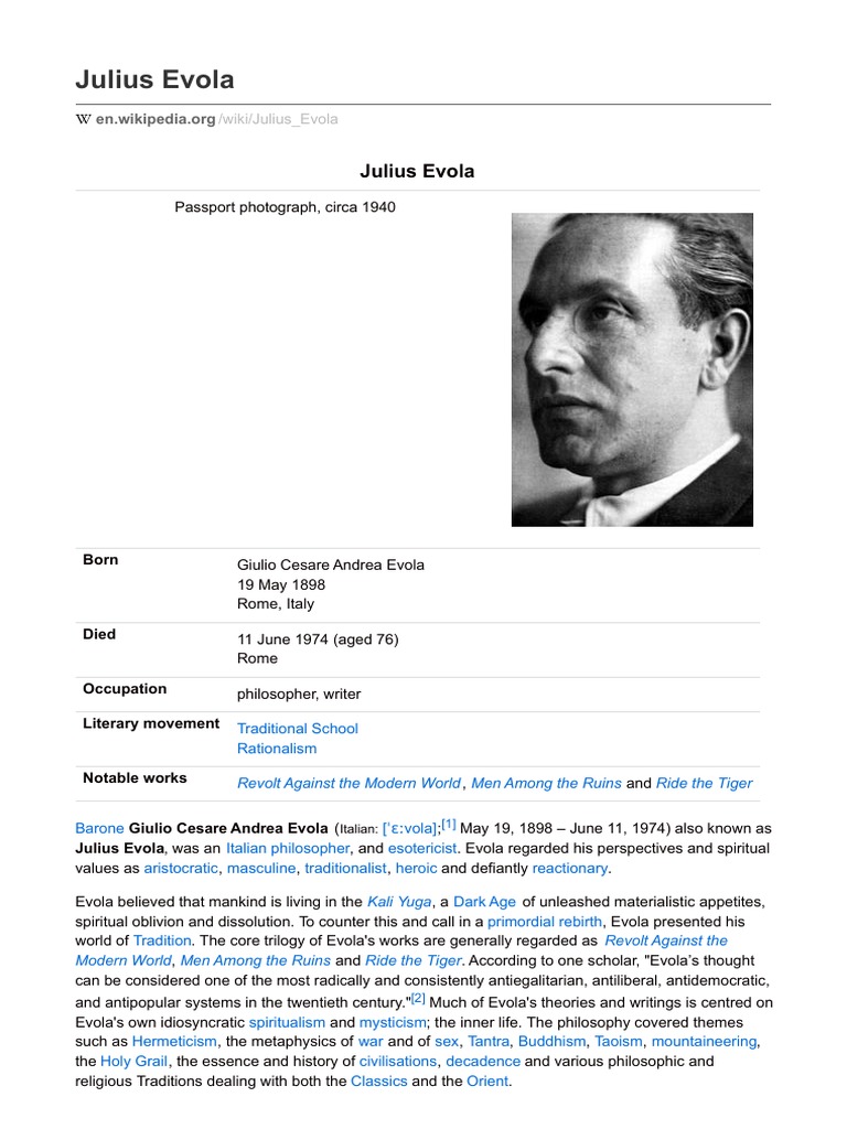 En.wikipedia.org Julius Evola | Religion And Belief | Politics (General)