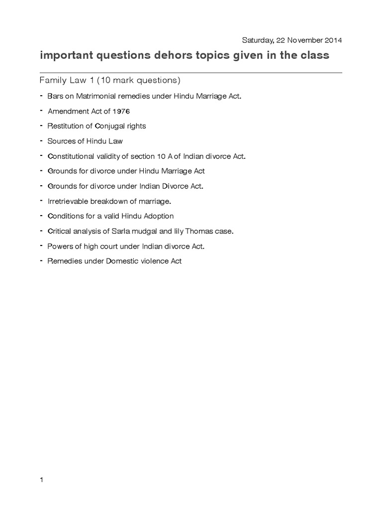 Important Questions Dehors Topics Given in The Class: Family Law 1 (10 ...