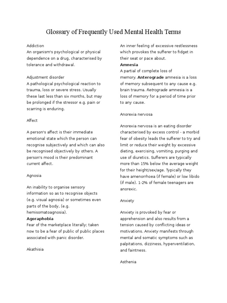 Glossary of Frequently Used Mental Health Terms | PDF | Anxiety ...