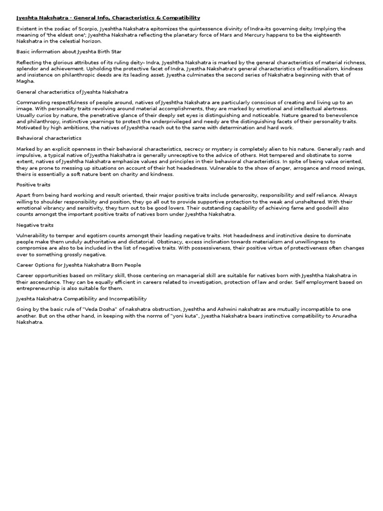 Jyeshta Nakshatra - Info on 18th Star of Zodiac | PDF | Planets In ...