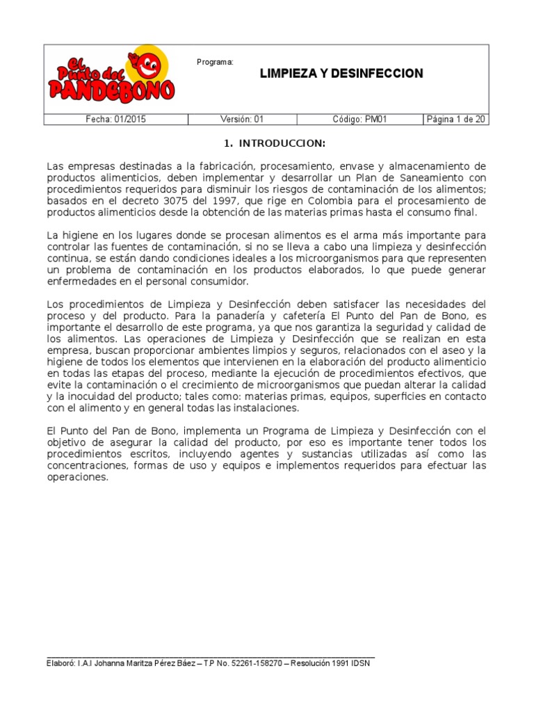 Programa de Limpieza y Desinfeccion | PDF | Detergente | Alimentos