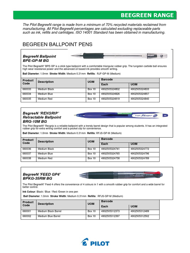 Pilot Begreen Range | PDF | Stationery | Writing Implements