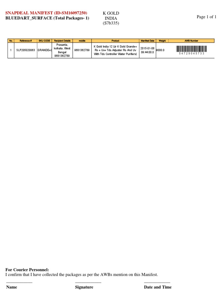 Courier Manifest for Snapdeal Delivery | PDF | Finance & Money Management
