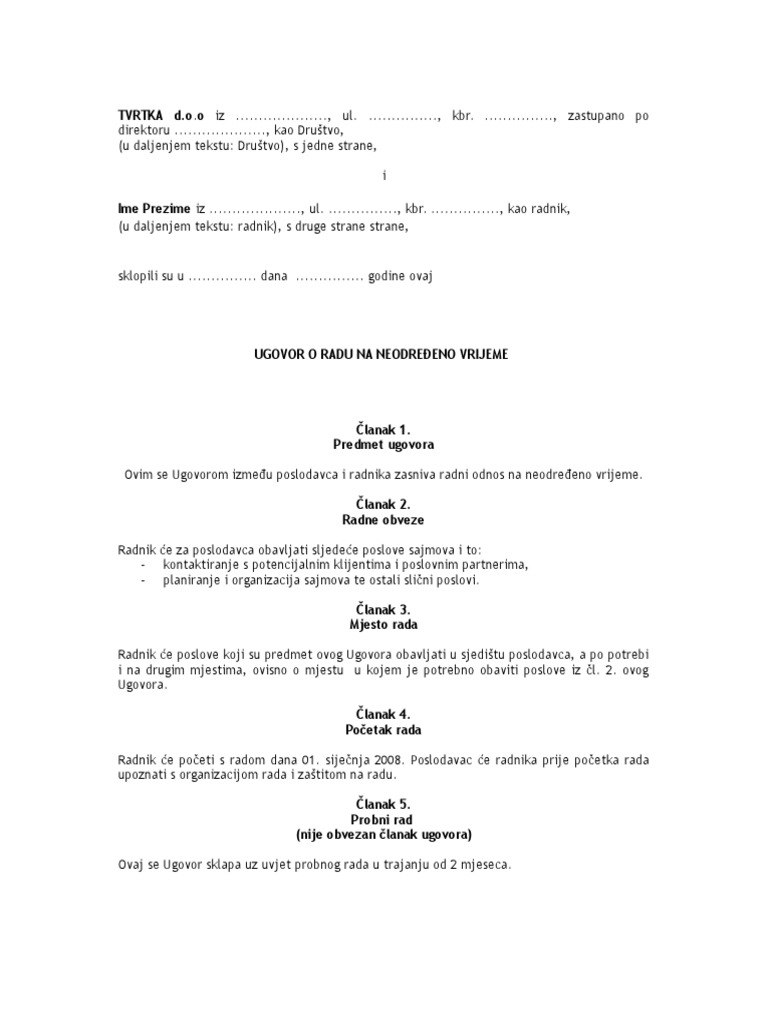 Ugovor o Radu Na Neodređeno Vrijeme | PDF