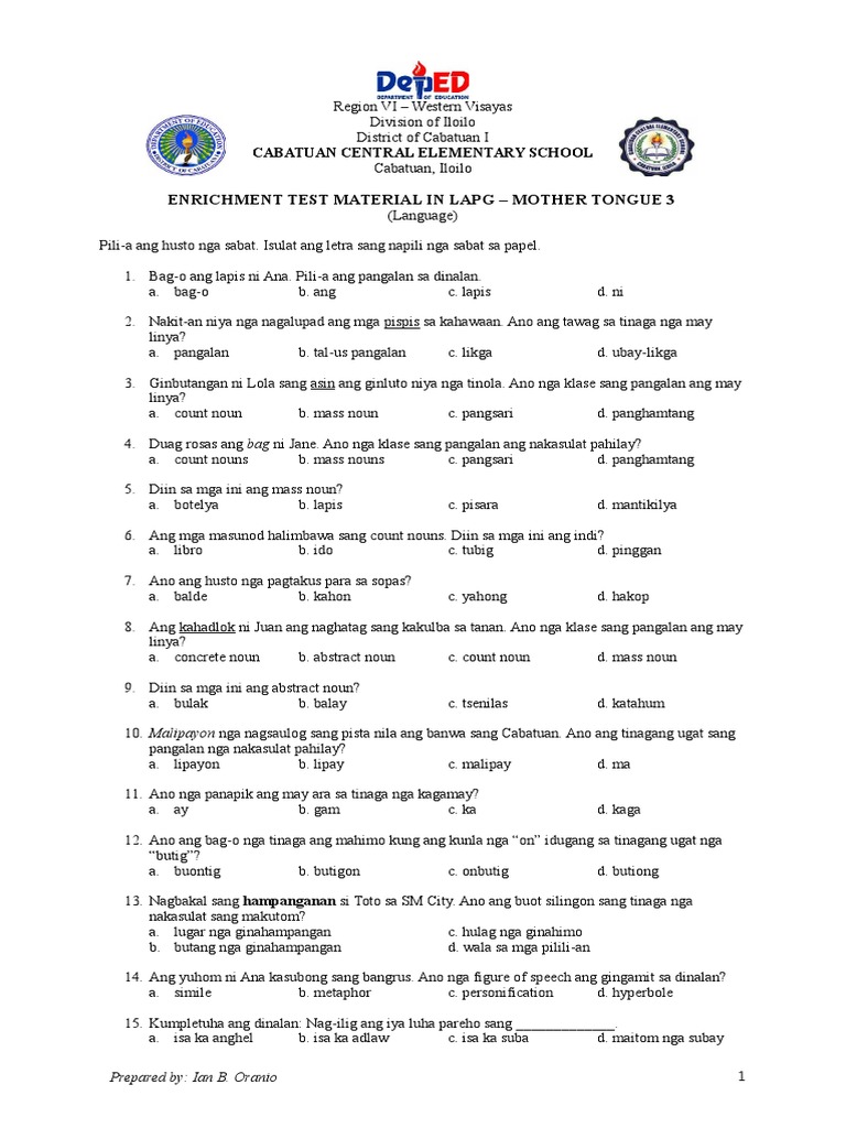 LAPG Reviewer - Mother Tongue 3 (Hiligaynon)
