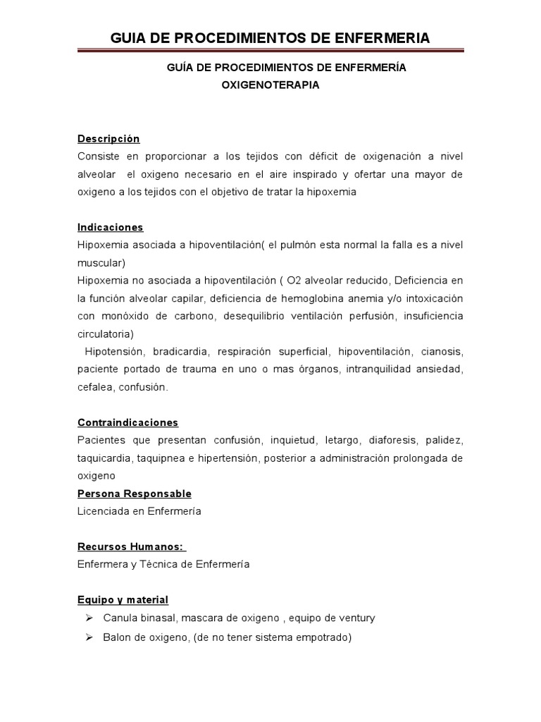 Guía de Procedimientos Sobre Oxigenoterapia | Oxígeno | Medicina CLINICA