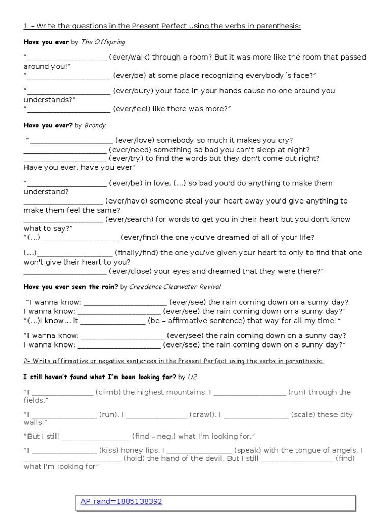 I2 - Present Perfect Songs Exercise | PDF | Grammar | Syntax