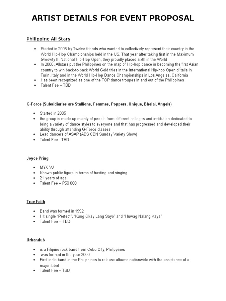 Artist Details for Event Proposal | Popular Music | Performing Arts ...