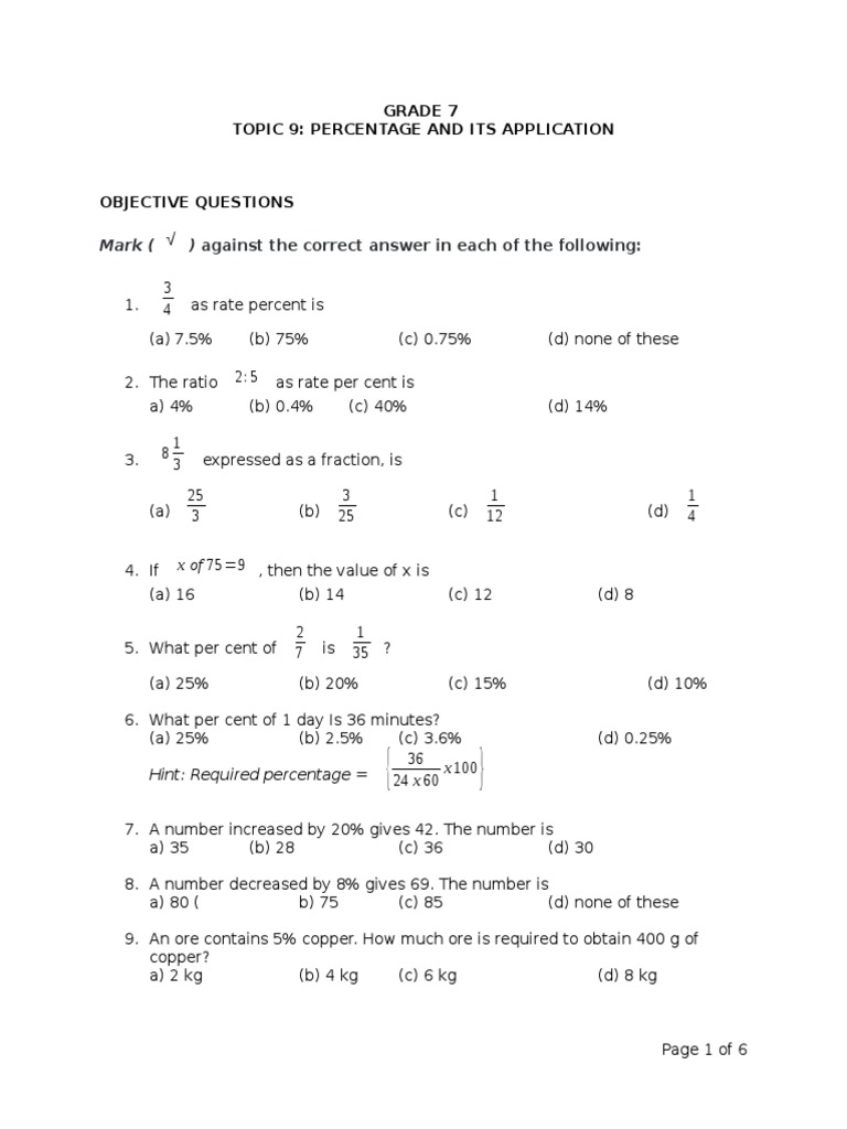 Grade 7 Topic 9 Percentage and Its Application (50 Questions) | PDF ...