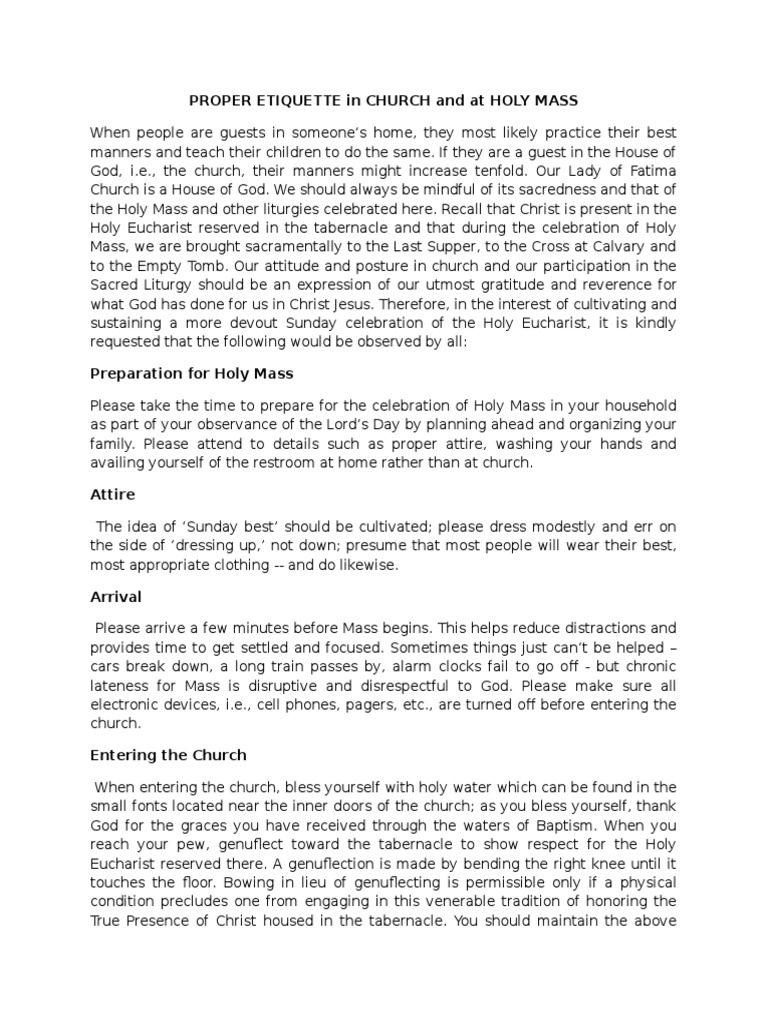 Church Etiquette for Holy Mass | PDF | Mass (Liturgy) | Eucharist