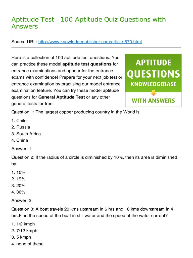 Aptitude Test - 100 Aptitude Quiz Questions With Answers | PDF | Test ...