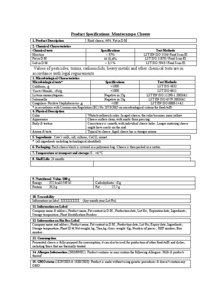 Product Specifications: Montecampo Cheese | PDF | Cheese | Foods