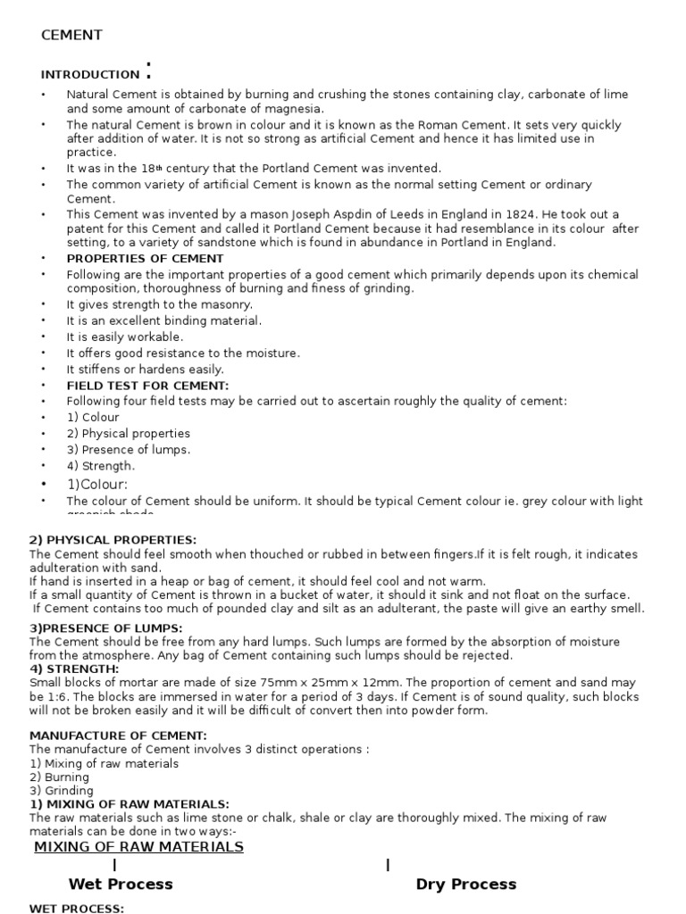 Notes of Cement | PDF | Cement | Horticulture And Gardening