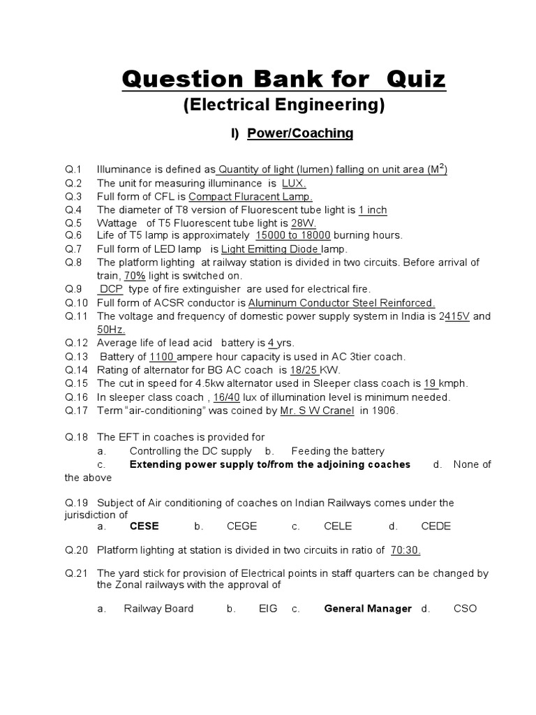 Question Bank for Electrical Engineering Concepts Related to Railway ...