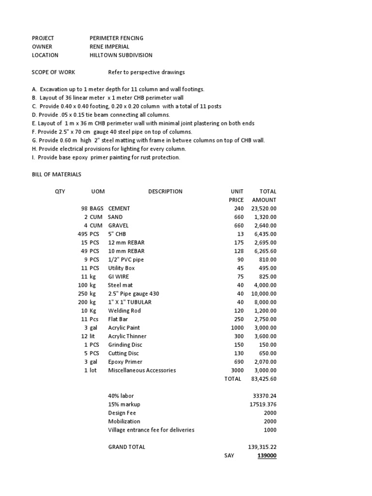 Fence ESTIMATE Sample | PDF | Building | Structural Engineering