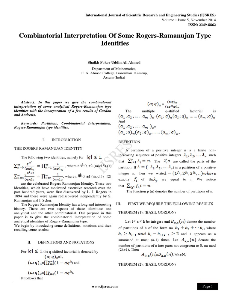 Combinatorial Interpretation of Some Rogers-Ramanujan Type Identities | PDF | Combinatorics ...