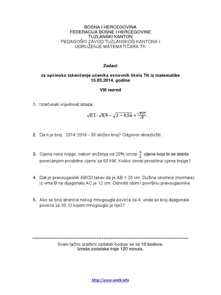 Opstinsko Takmicenje - Zadaci 8 Razred | PDF