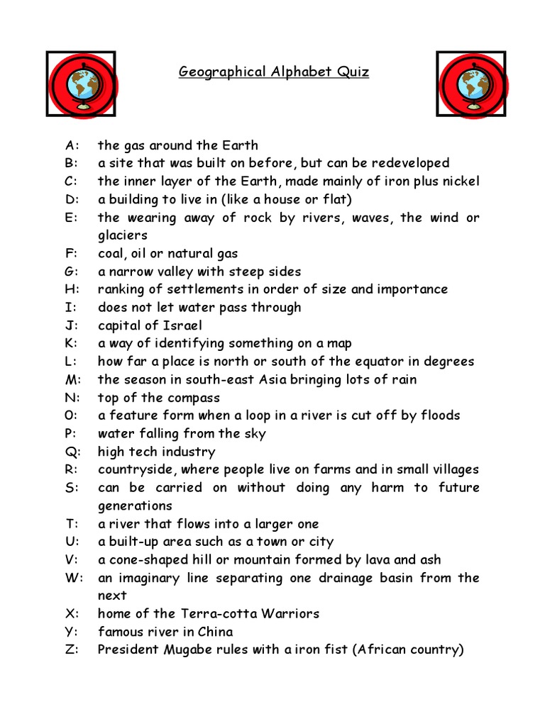 Geographical Terms A-Z Quiz | PDF