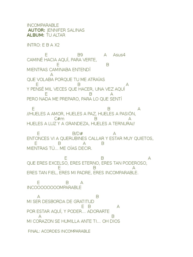 Letra de "Incomparable" - Jennifer Salinas | PDF | Poesía