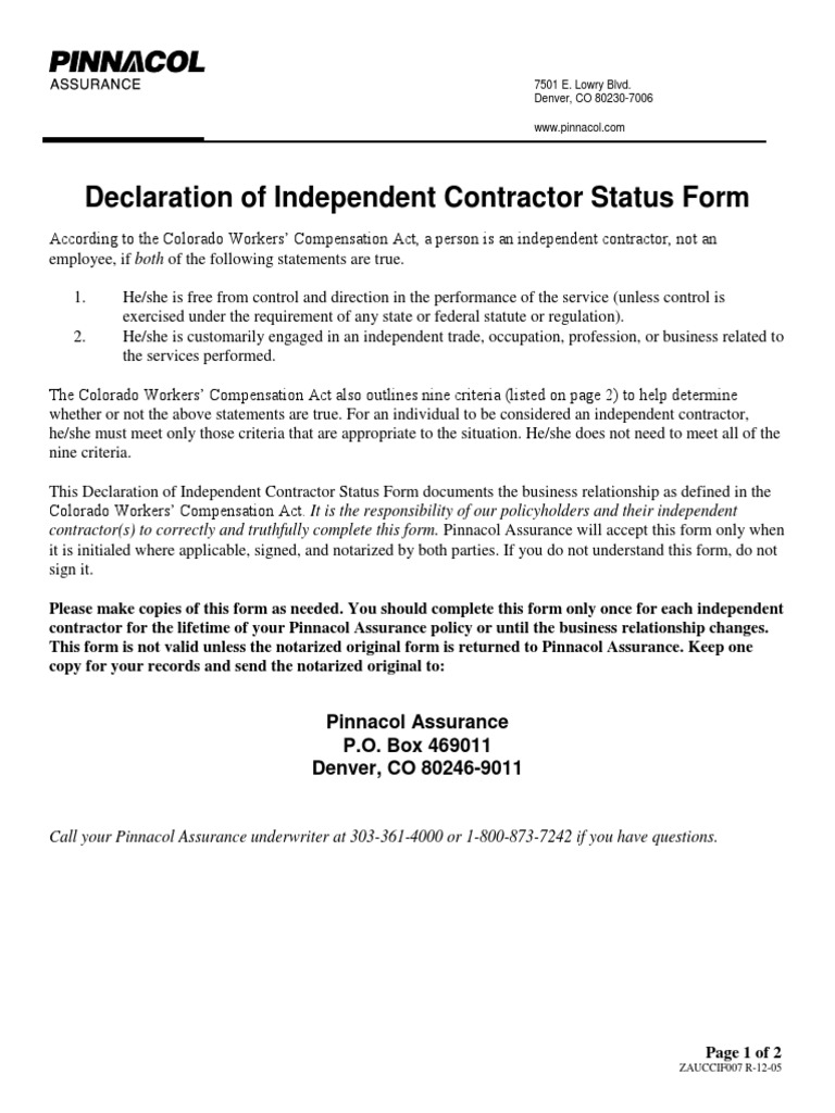 Colorado Independent Contractor Waiver Form | PDF | Independent ...