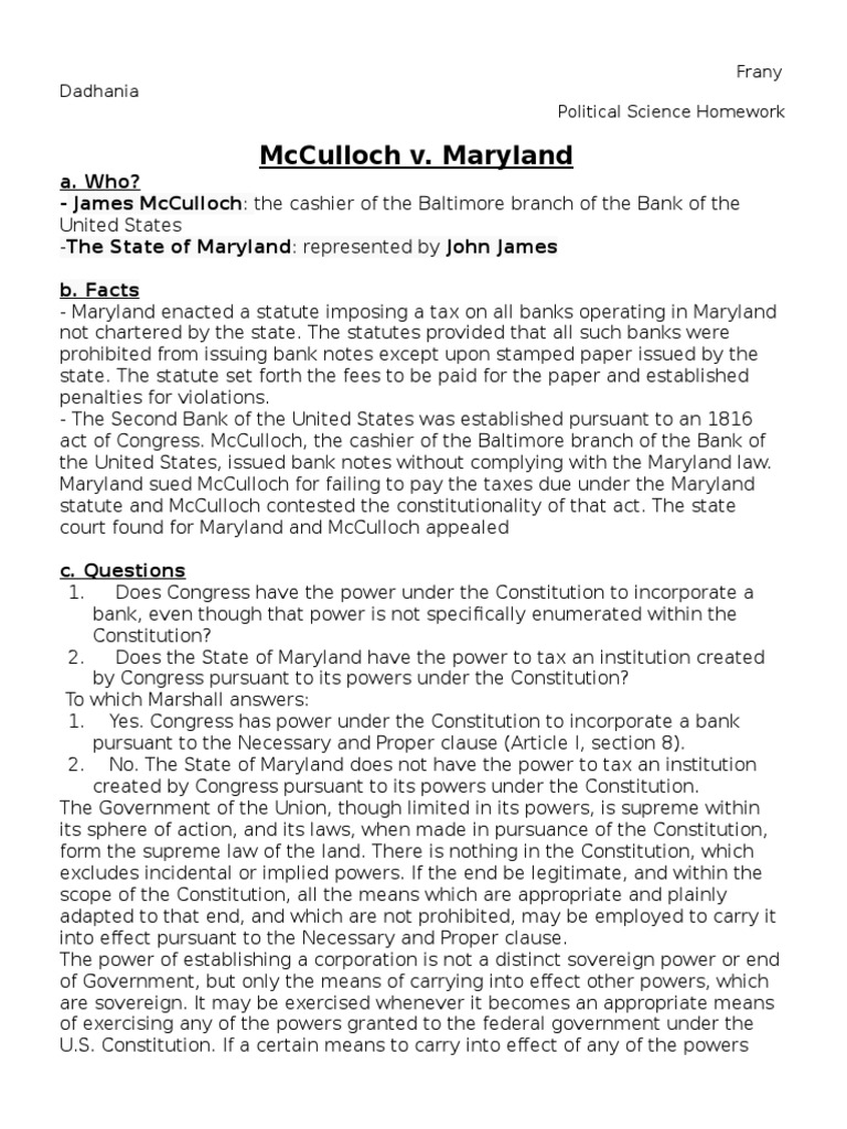 McCulloch v. Maryland | PDF | United States Constitution | Political ...