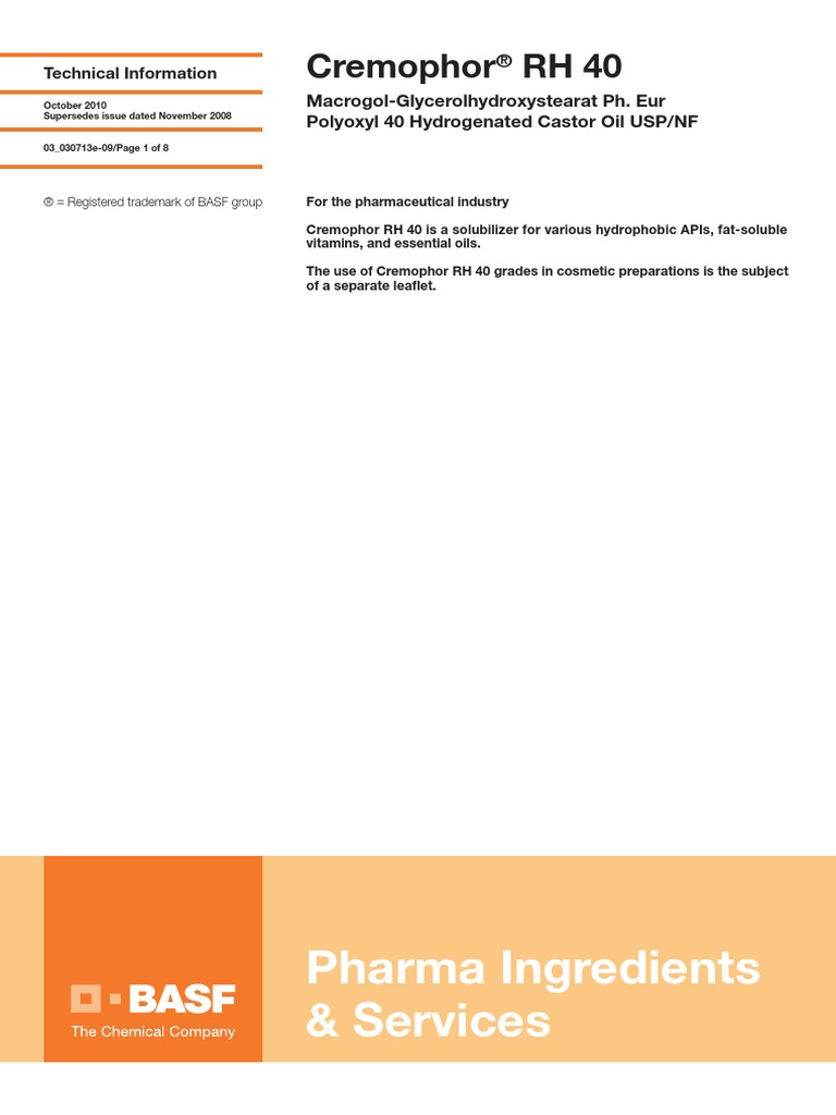 03 - 030713e - Cremophor RH 40 | PDF | Solution | Solubility