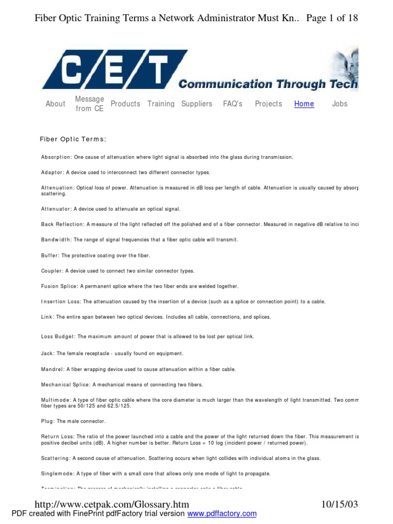 Fiber Optic Terms | PDF | Optical Fiber | Computer Network