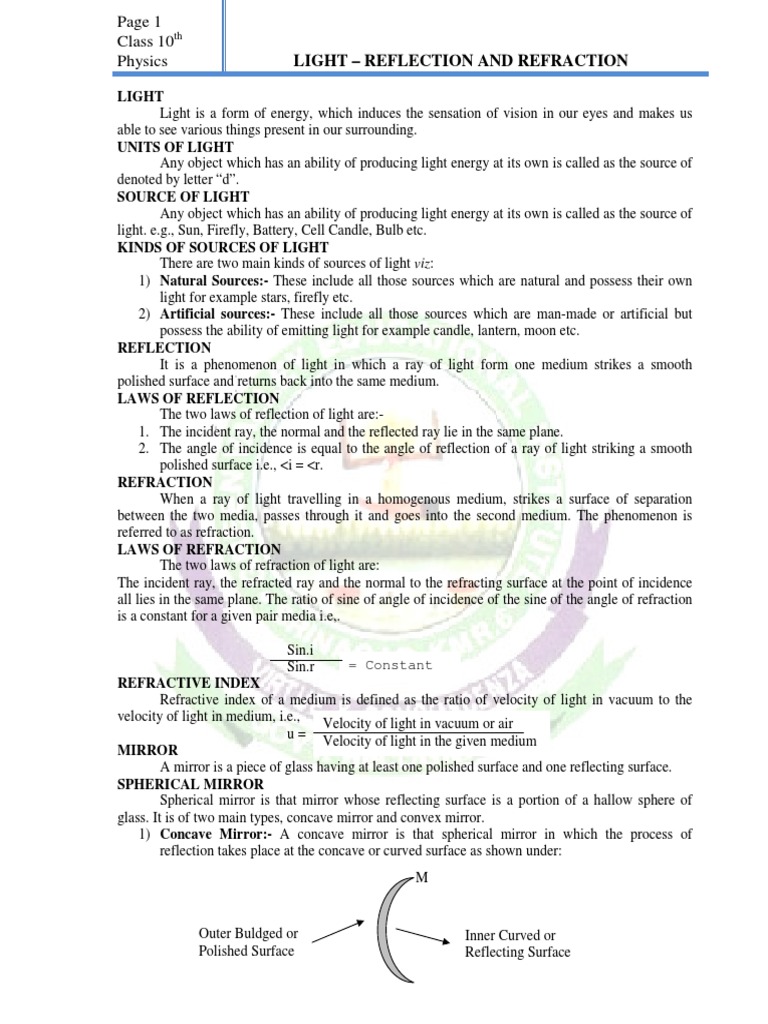 Light - Reflection and Refraction 10th Phy PDF | PDF | Lens (Optics ...