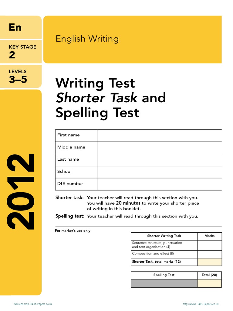 3 Ks2 English 2012 Writing Test Shorter Task Spelling Test External ...