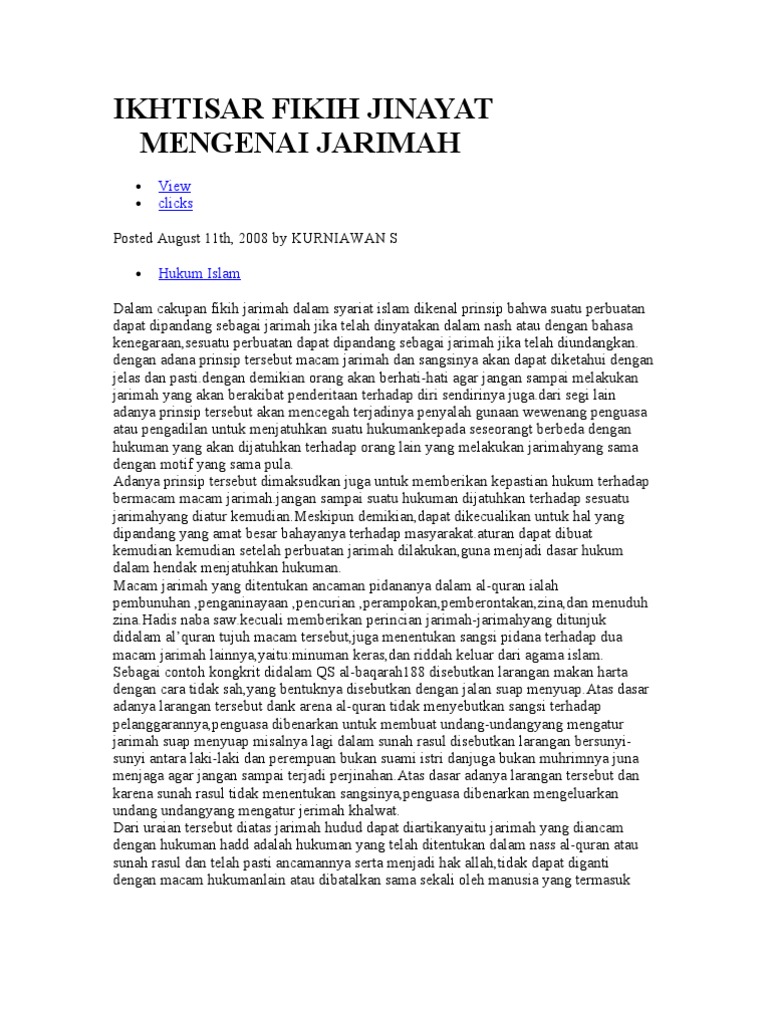 Ikhtisar Fikih Jinayat Mengenai Jarimah | PDF | Politik | Hukum