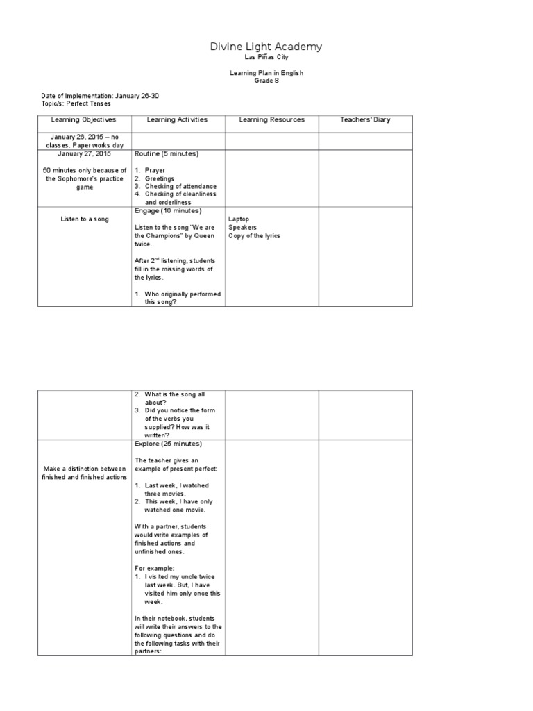 Learning Plan in English | Perfect (Grammar) | Verb