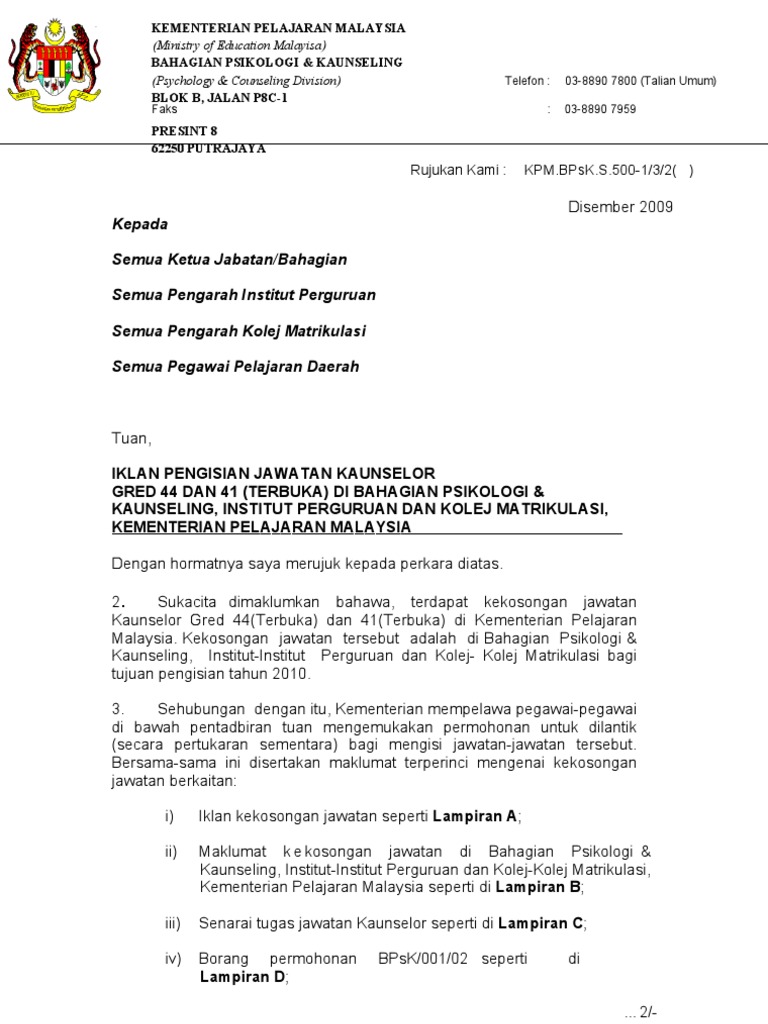 Jawatan Kaunselor Gred 44 & 41 Kementerian Pelajaran Malaysia (KPM) Jan 2010 | PDF