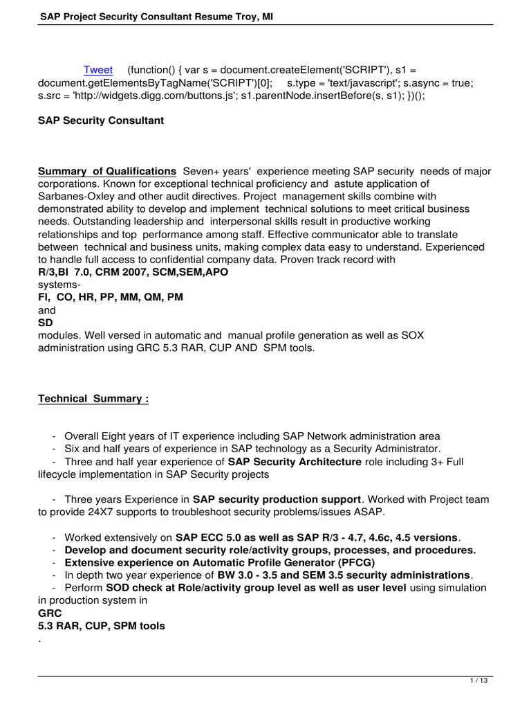 Sap Project Security Consultant Resume Troy Mi | PDF | Databases ...