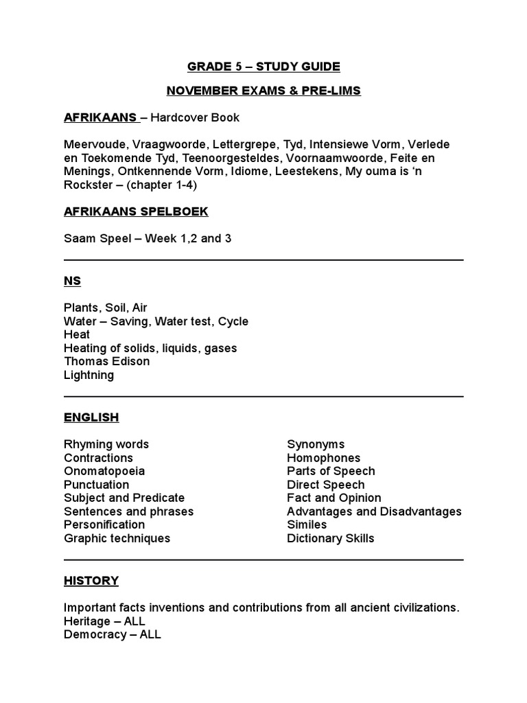 Grade 5 Study Guide Nov 2012 Exams | PDF