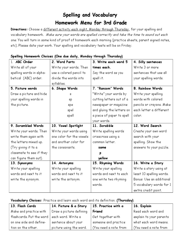 3rd Grade Spelling Homework Menu | PDF | Crossword | Vocabulary