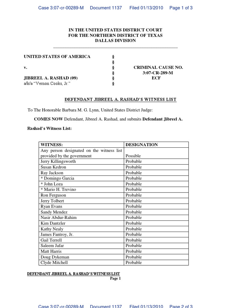 Defense witness list Rashad trial | Public Law | Judiciaries