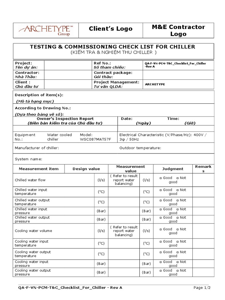 QA-F-VN-PCM- T & C Check List for Chiller | Building Technology | Heat ...
