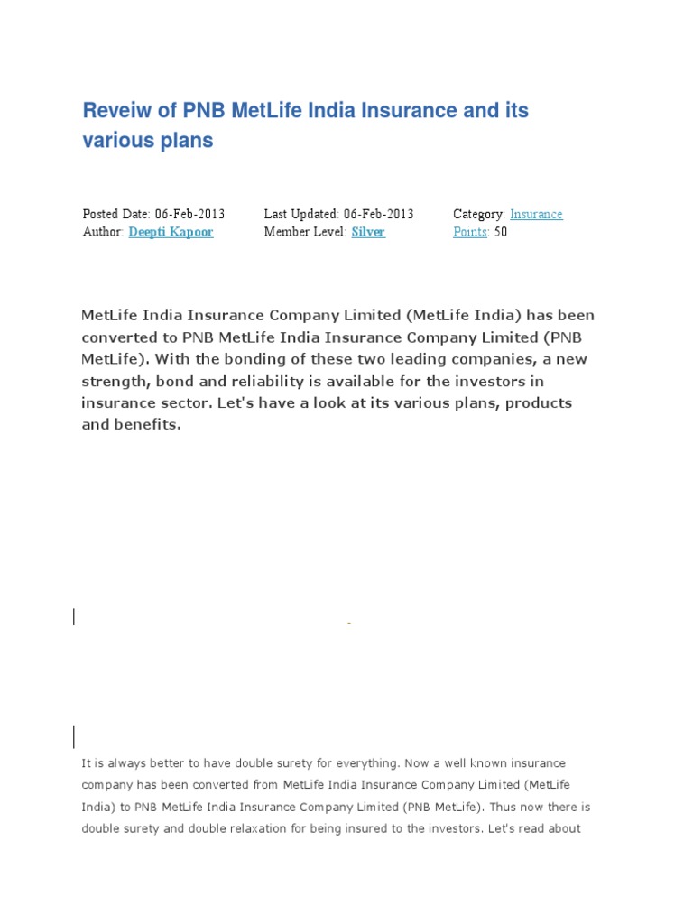 Review of PNB MetLife's Insurance Plans | PDF | Met Life | Insurance