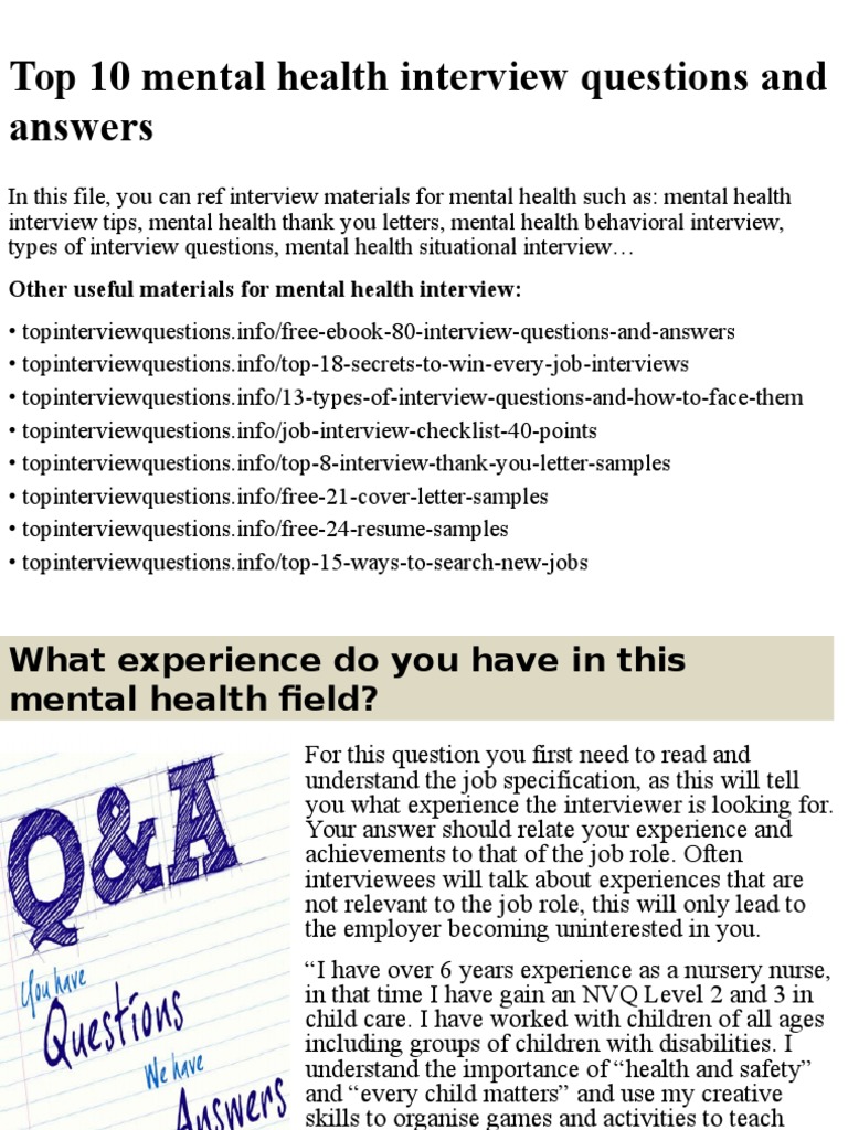 Top 10 Mental Health Interview Questions and Answers | PDF | Interview ...